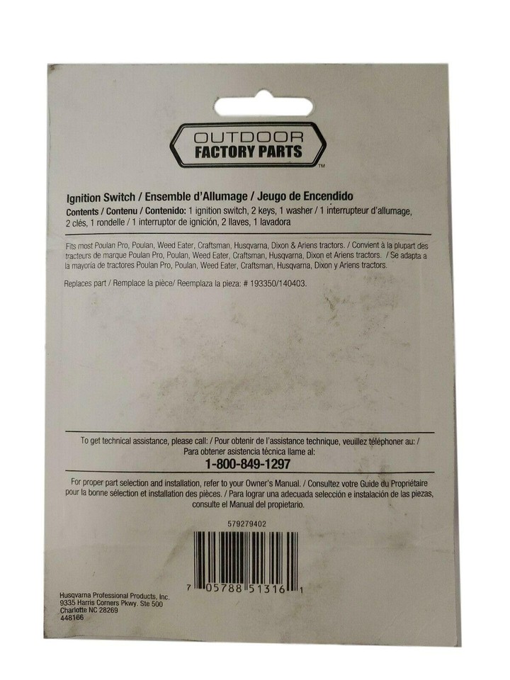 Husqvarna Poulan Craftsman Sears Ignition Key Switch 193350, 532193350 ...