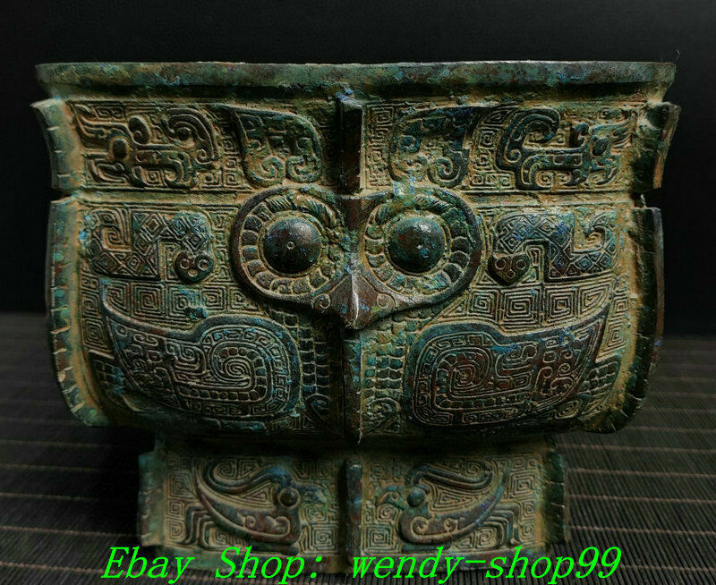 7" Old China Shang Zhou Dynasty Bronze Ware Palace Phoenix owl Head ...