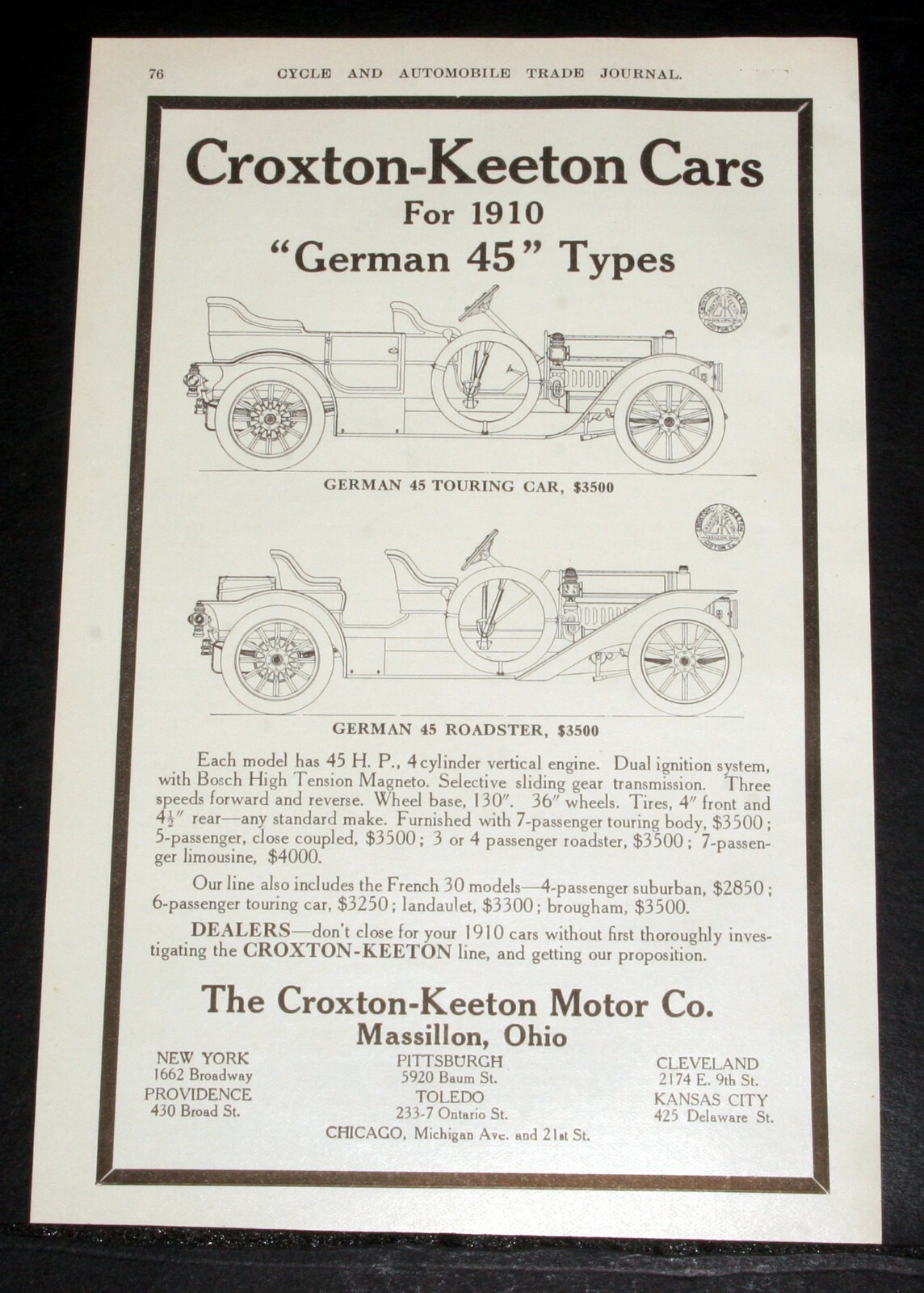 1909 OLD MAGAZINE PRINT AD, CROXTON-KEETON CARS FOR 1910 "GERMAN 45 ...