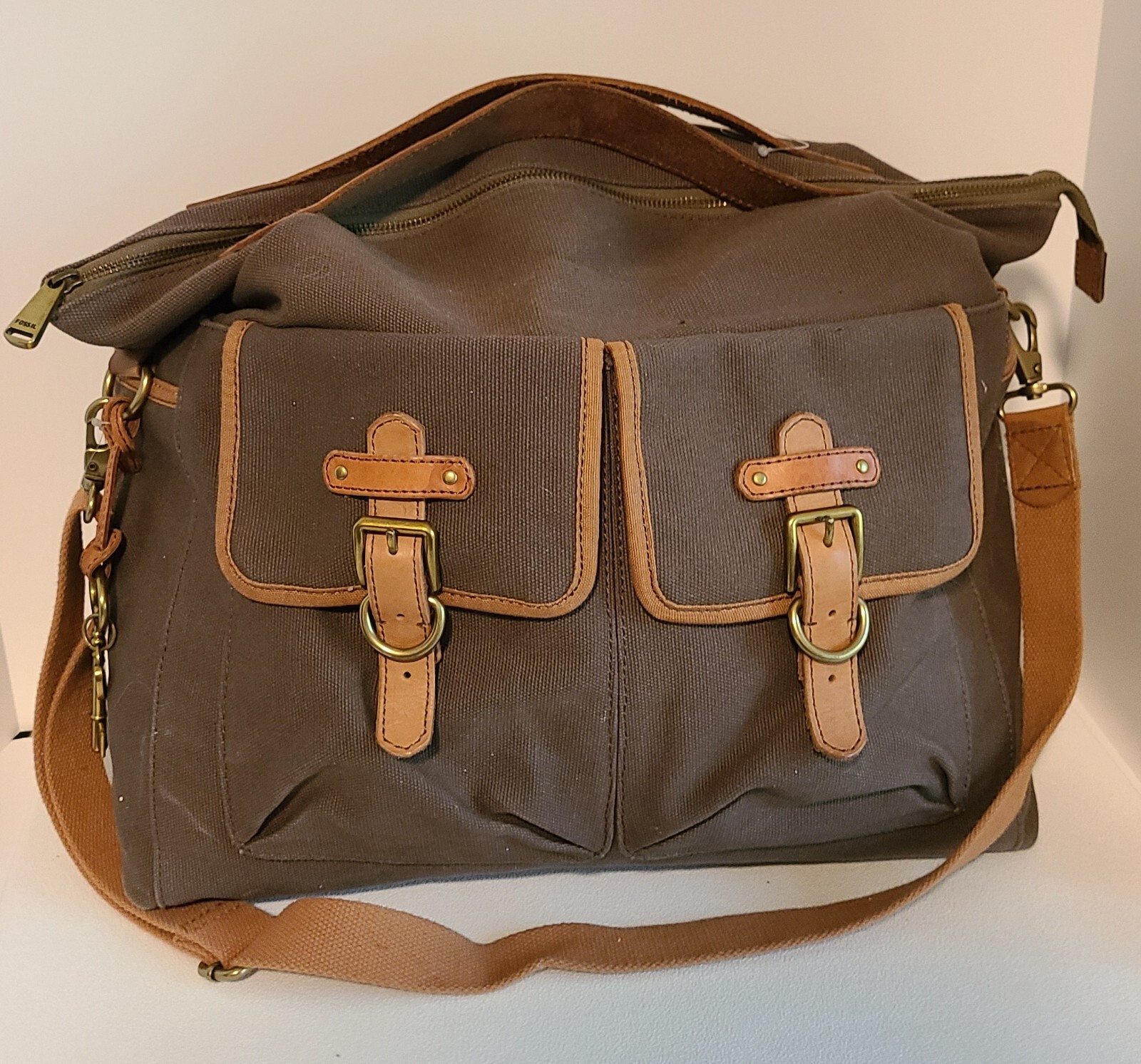 FOSSIL DUFFEL 1954 LONG LIVE VINTAGE LEATHER GREEN CANVAS MILITARY ...