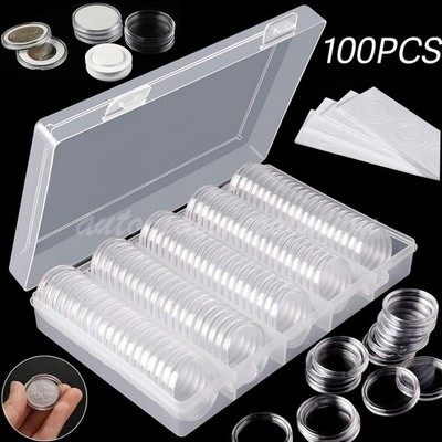 30mm 100PCS Clear Coin Capsule Round Plastic Holder Container Storage ...