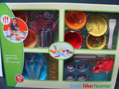 NEW Just Like Home Super Chef Set 30 pc Kids Play Dishes Cookware Pots ...