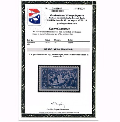 EXCELLENT GENUINE SCOTT #855 MINT PRISTINE OG NH BASEBALL PSE CERT ...