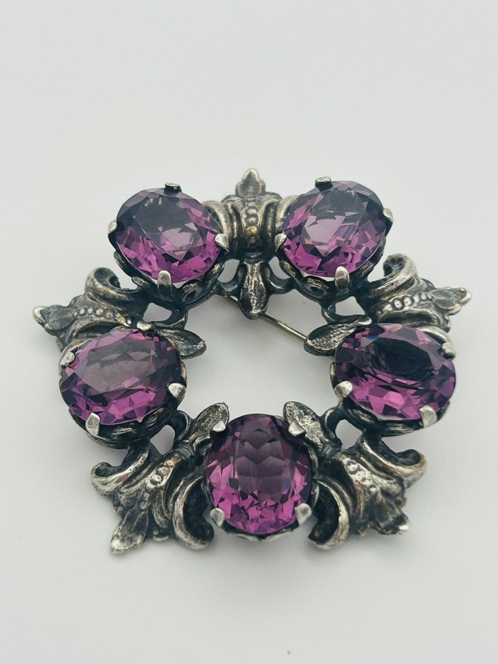 Vintage Cini Solid 925 Sterling Silver Fleur de Lis Brooch Purple Glass ...