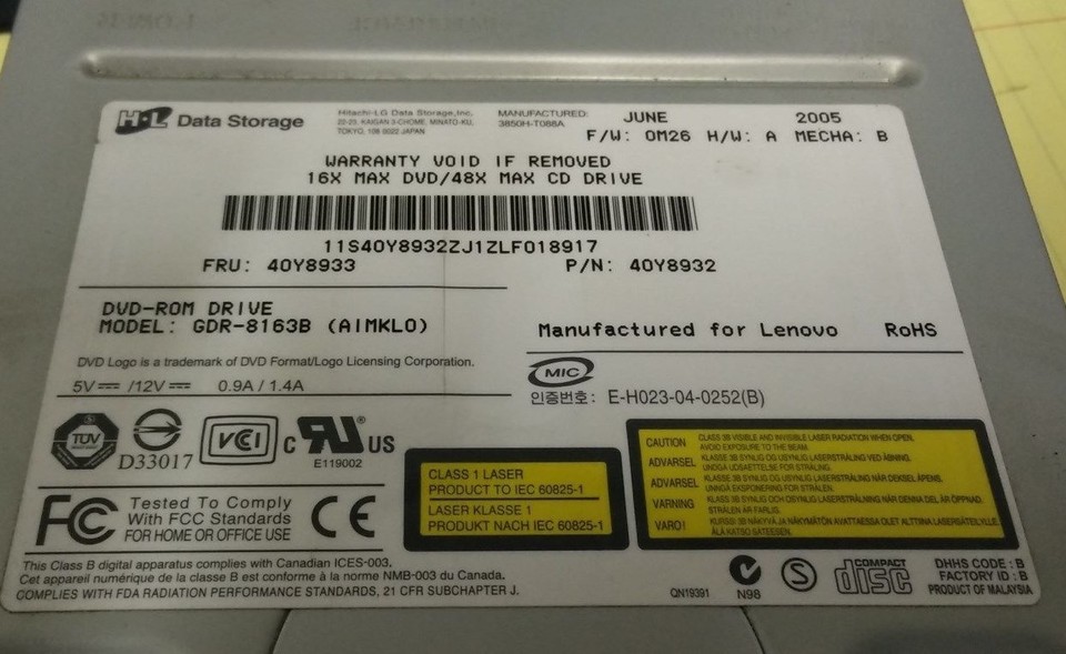 IBM 40Y8932 / 40Y8933 16X48X Internal DVD-ROM CD-ROM Combo IDE Drive ...