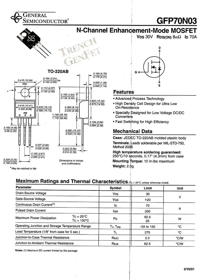 50pcs Transistor GFP70N03 70A 30V N-mos TO220 cross RFP70N03 GS-Vishay ...