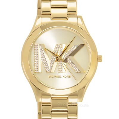 Michael Kors Slim Runway Glitz Crystals Watch Gold MK Logo Dial ...