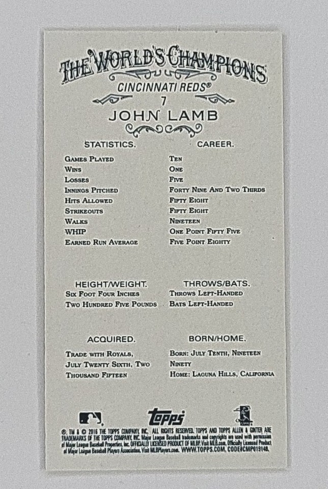 2016 TOPPS ALLEN & GINTER #7 JOHN LAMB MINI PARALLEL CINCINNATI REDS | eBay