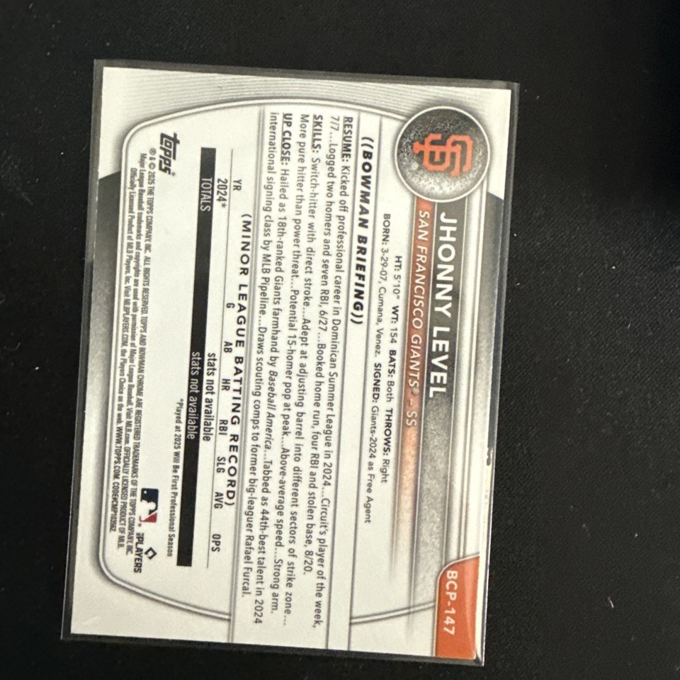 2025 Bowman Mega Box JHONNY LEVEL Chrome Mojo Refractor 1st Card Giants ...