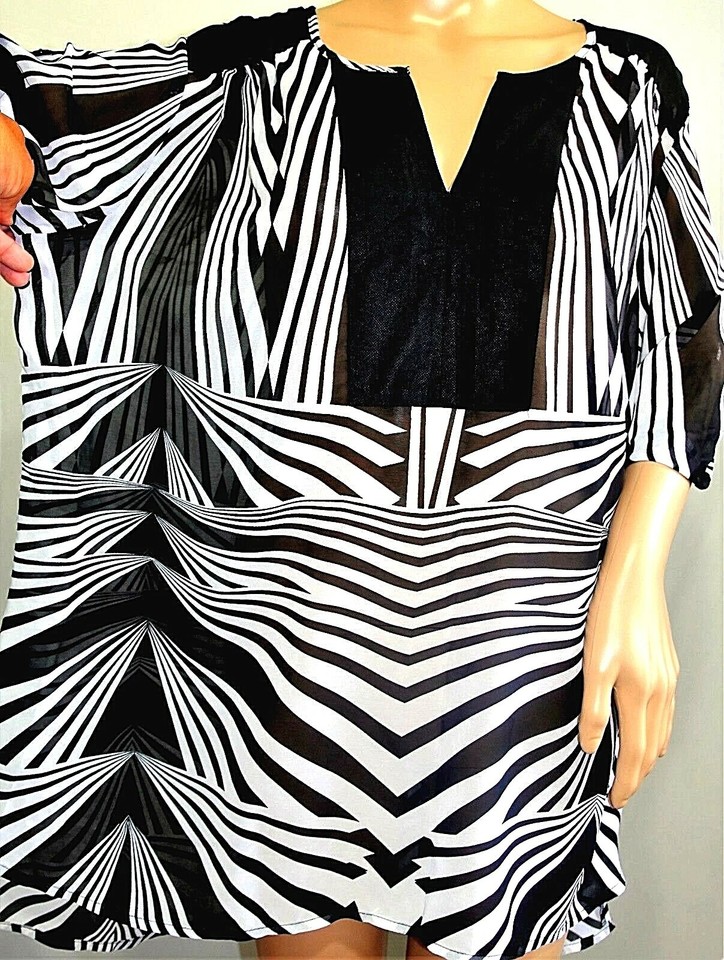 Unique Spectrum Women Plus Size 1x 2x 3x Black White Boho Chiffon Top ...