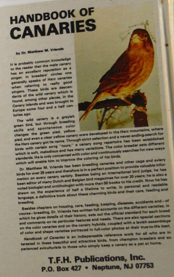 Handbook of Canaries hardcover by Dr Matthew M Vriends Bird Book ...