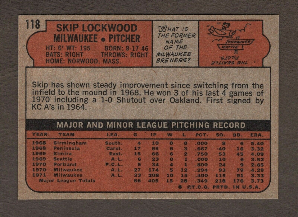 1972 Topps Baseball Card #118 Skip Lockwood – Milwaukee Brewers | eBay
