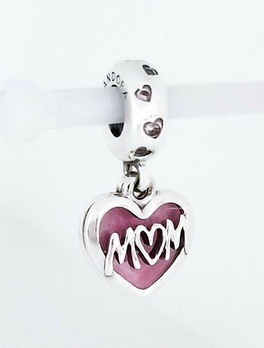 100% Authentic PANDORA 925 Mom Script Pink Heart Dangle Charm Pendant ...