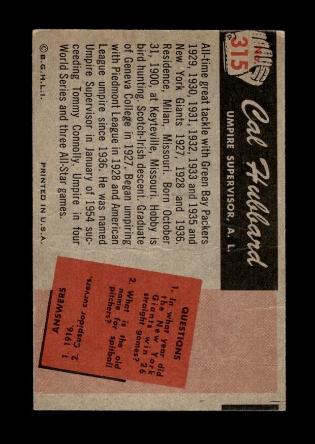 1955 Bowman Set-Break #315 Cal Hubbard LOW GRADE (crease) *GMCARDS* | eBay