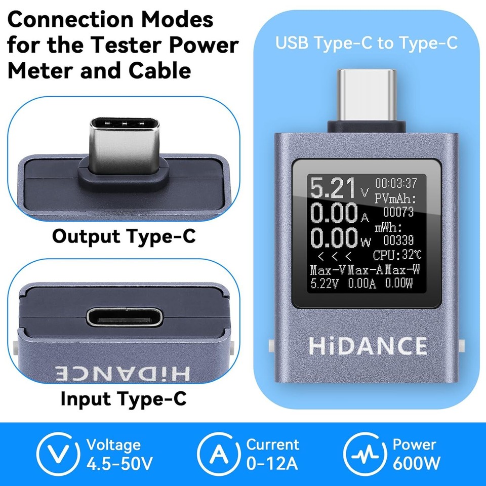 USB Type-C Power Tester Voltage Current Capacity Meter USB-C Multimeter ...