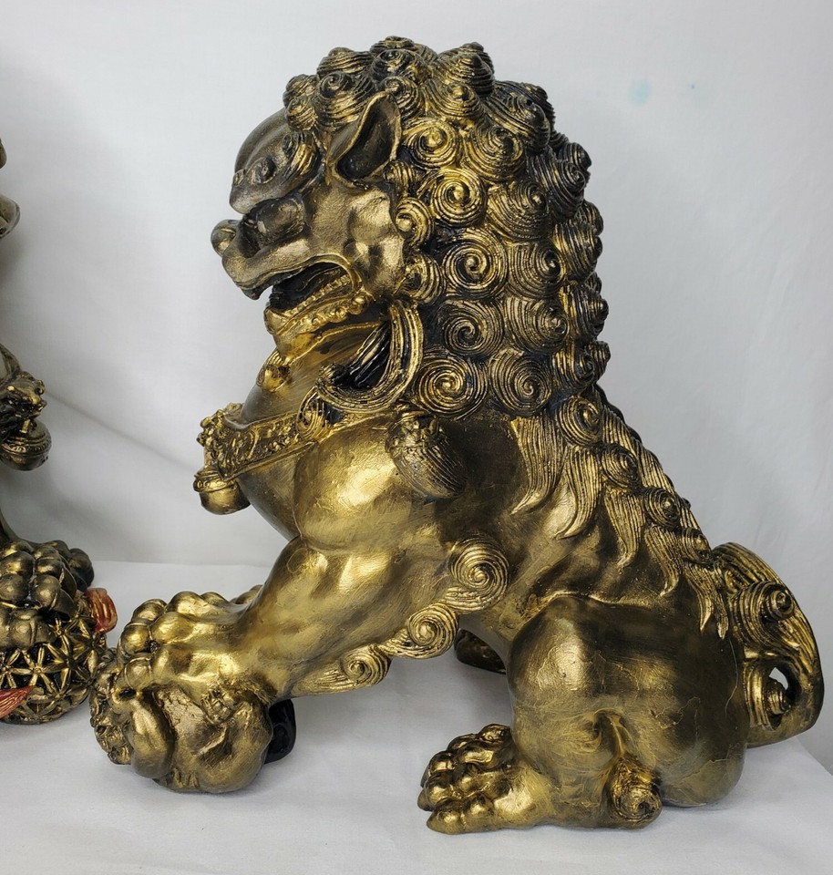 Vintage Foo Dogs Pair Gold Tone Resin Guardian Lions Statues Large ...