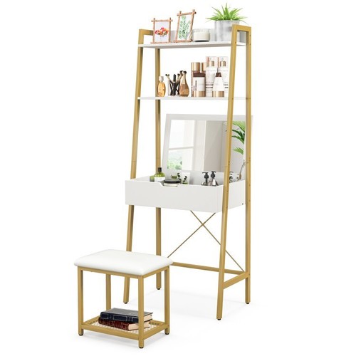 2-in-1 Vanity Table Set Flip Top Mirror Ladder Storage Shelf w ...