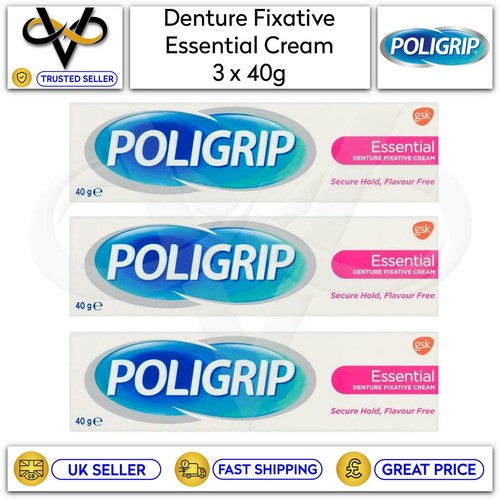 3 x Poligrip Essential Denture Fixative Cream 40g Secure Hold Flavour ...