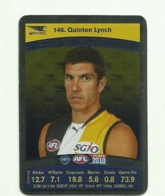 2010 Teamcoach SILVER WEST COAST EAGLES QUINTEN LYNCH # 146 CARD AFL ...
