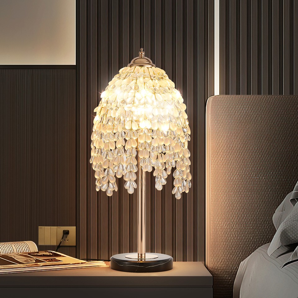 19'' Table Desk Lamp Gold Vintage Crystal Bead String Shade Bedside ...