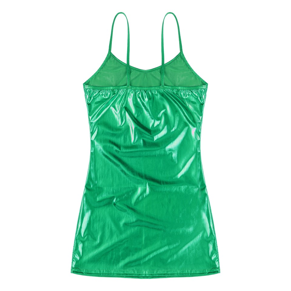 Womens Shiny Metallic Mini Dress Glossy Sexy Spaghetti Straps Dress ...