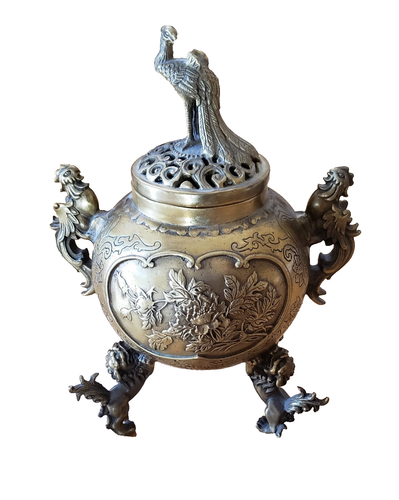 Vtg Chinese Ancient Brass Phoenix Bird Foo Dogs Peacock Incense Burner ...