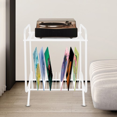 2-Tier Metal Record Player CD DVD Stand with 16 Slot Offcie Storage ...