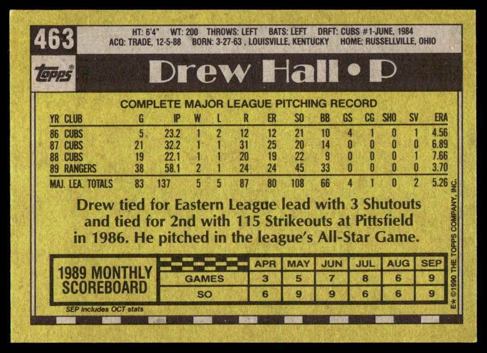 1990 Topps Baseball Card Drew Hall Texas Rangers #463 | eBay