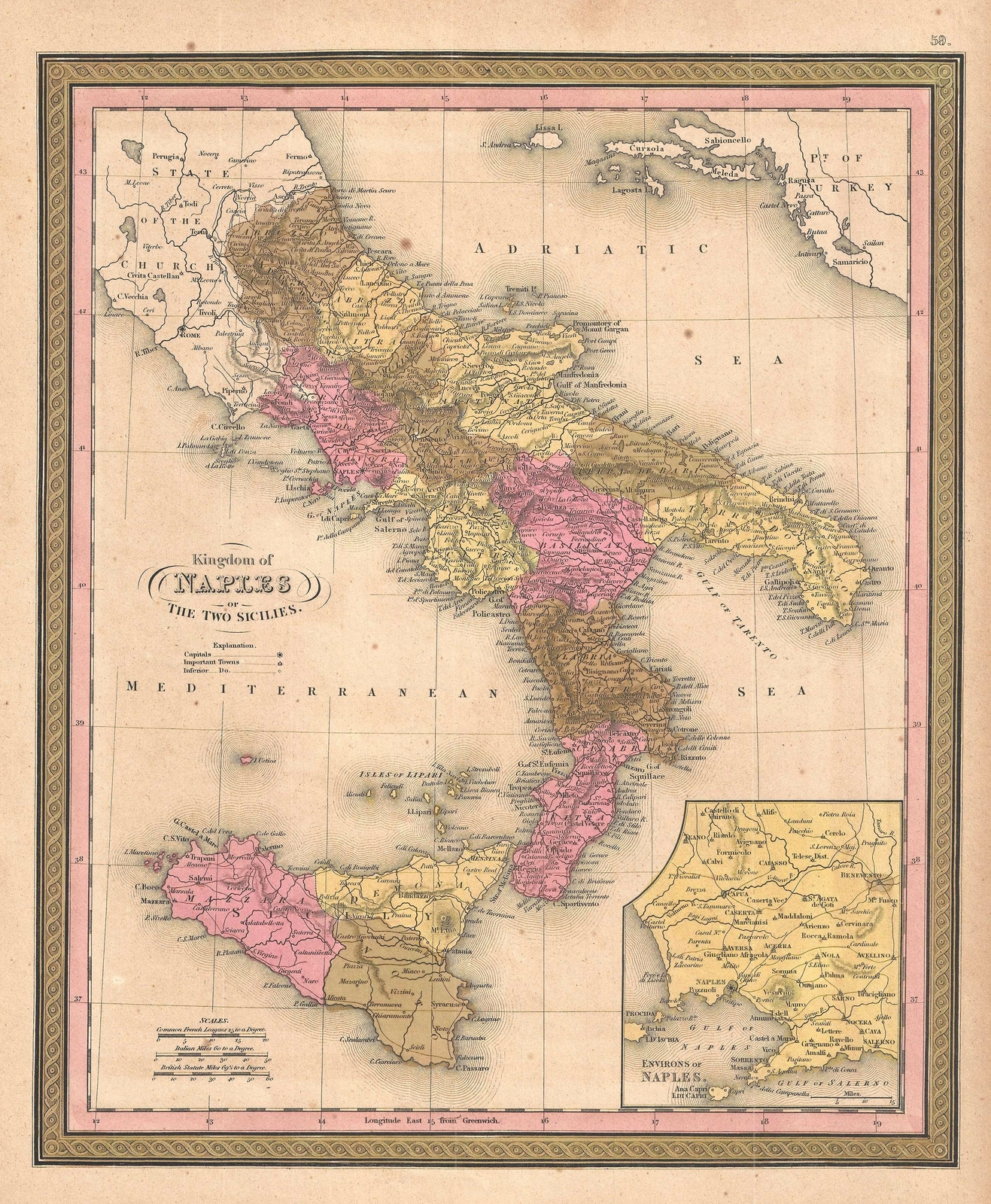 1850 Mitchell Map of Southern Italy: The Kingdom of Naples or the two ...