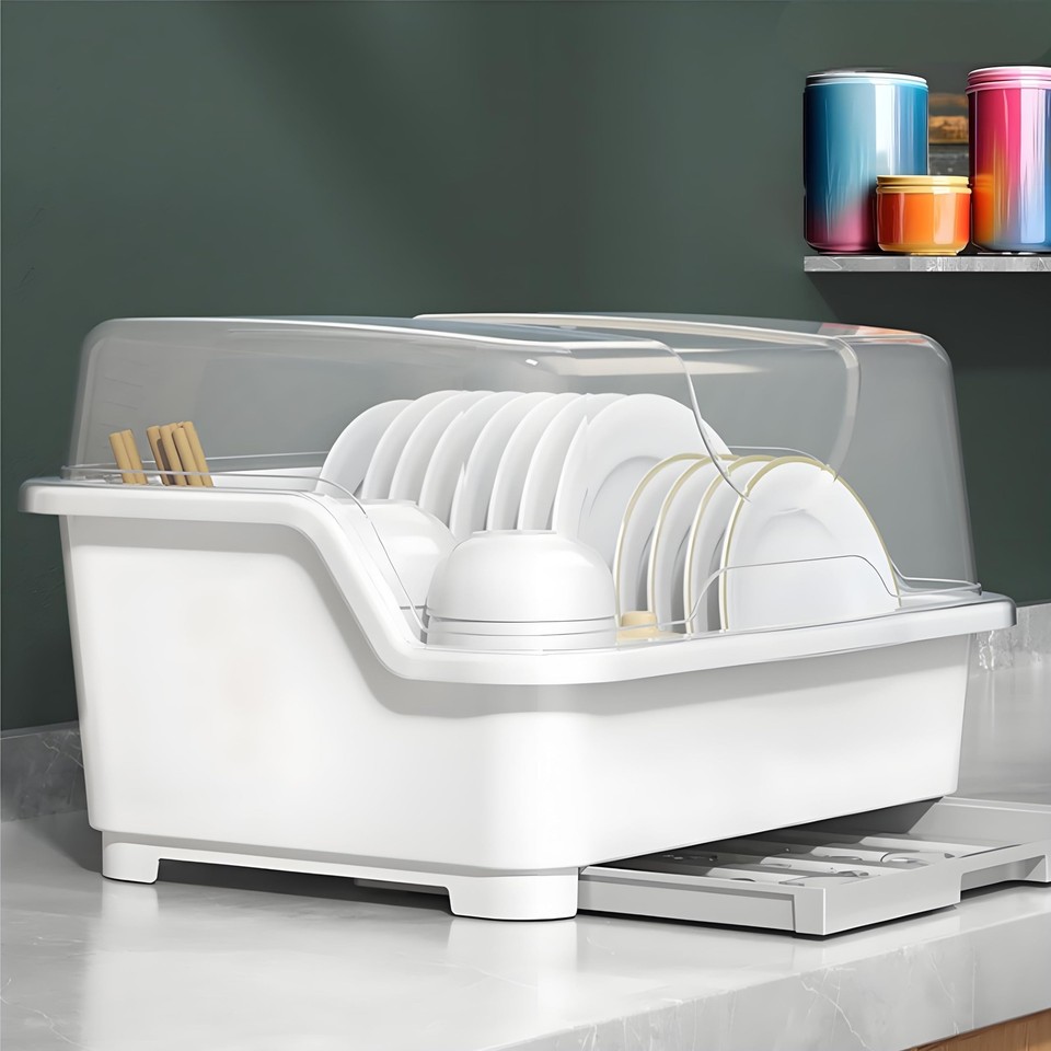 Dish Drying Rack Plastic Plate Cup Dryer Holder with Lid Removable ...