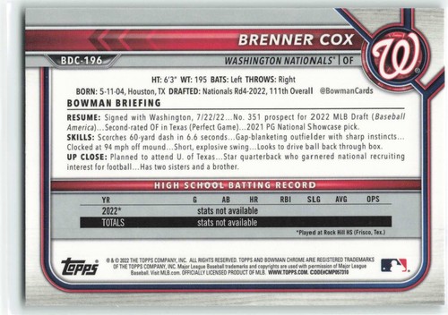 2022 Bowman Draft - Chrome Brenner Cox #BDC-196 (RC) for sale online | eBay