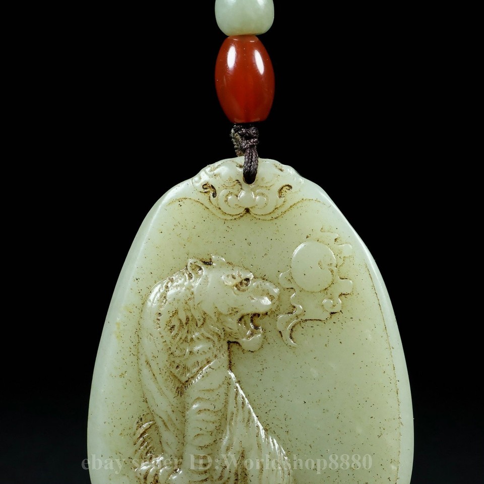 2.5" Old Chinese Natural Hetian Jade Carved Animal Tiger Statue Pendant ...