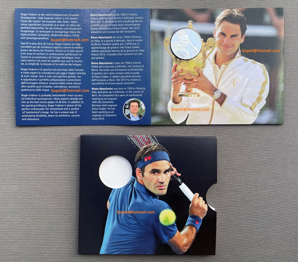 Roger Federer silver CHF 20 Francs unc folder + stamp Switzerland suiza ...