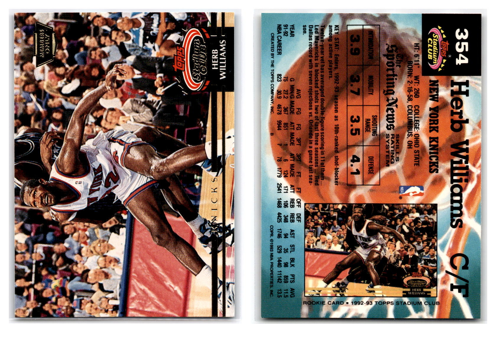 1992-93 Stadium Club Members Only #354 Herb Williams - New York Knicks ...