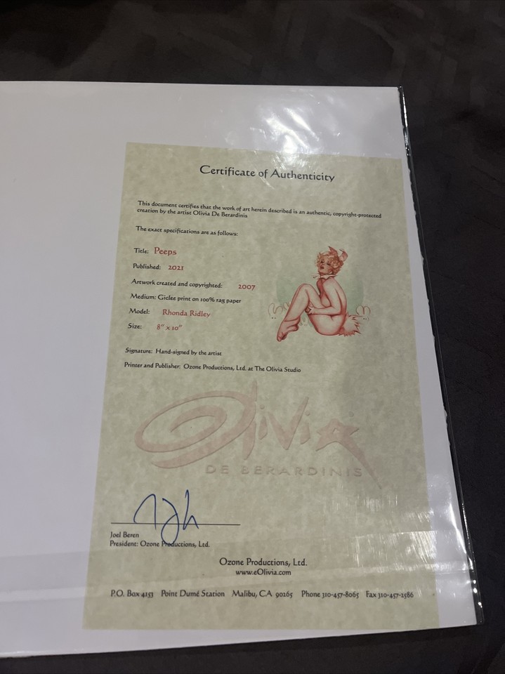 Signed Olivia De Berardinis Rhonda Ridley pinup art playboy W/COA 8x10 ...