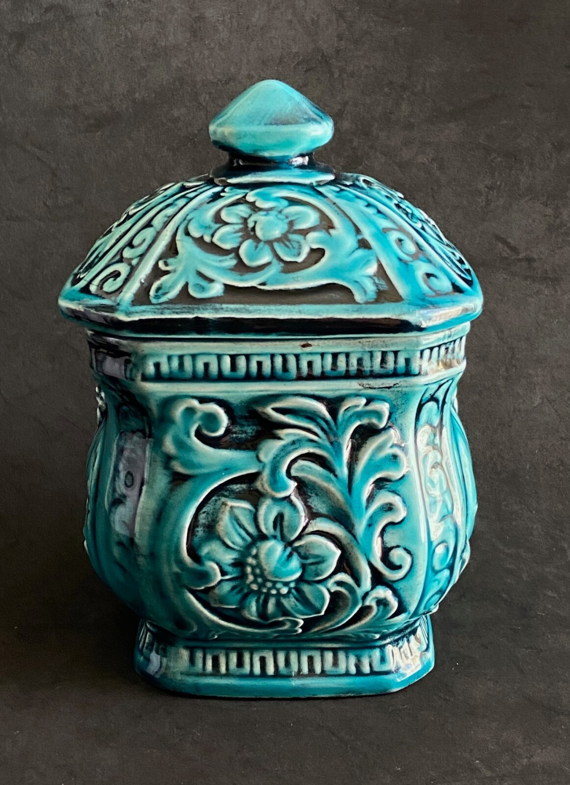 VTG Pottery Trinket Pot JAPAN Majolica Lidded Turquoise Square Jinger ...