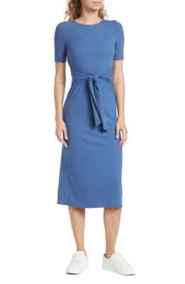 Love...Ady $118 Blue Short Sleeve Tie Waist Ribbed Midi Dress Size M ...