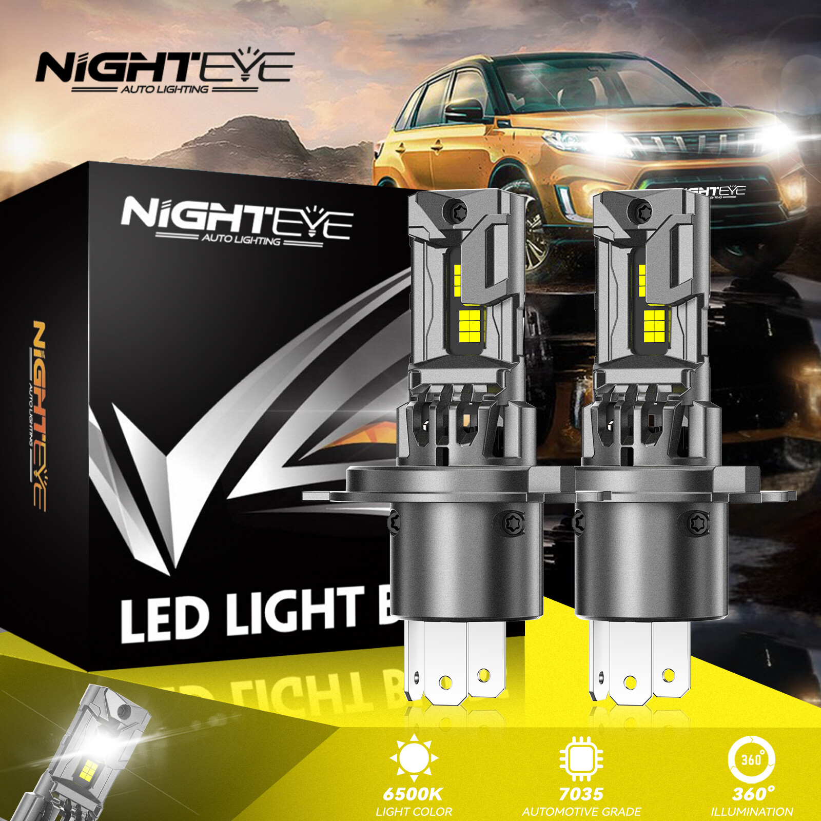 NIGHTEYE 2X H4 LED Headlight Bulbs Kit 70W 30000LM Hi-Lo Beam 6500K ...