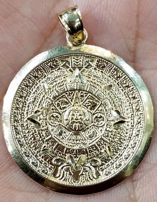 GOLD Aztec pendant 14k REAL SOLID Yellow sun Calendar mayan Mexico ...