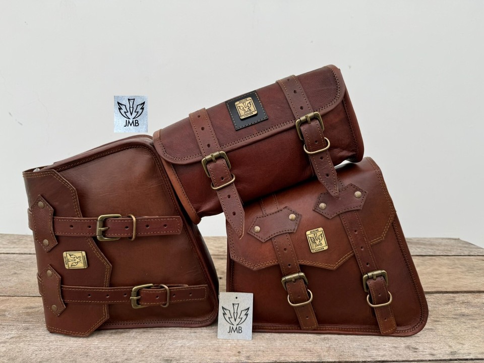 Real Brown Goat Leather COMBO Motorcycle Saddle Bag Panniers Tool Pouch ...