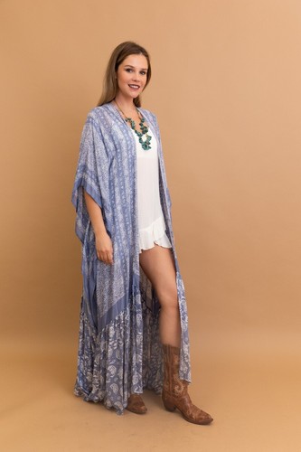 Plus Size Boho Floral Print Paisley Gypsy Blue Kimono Cardigan Hippie ...
