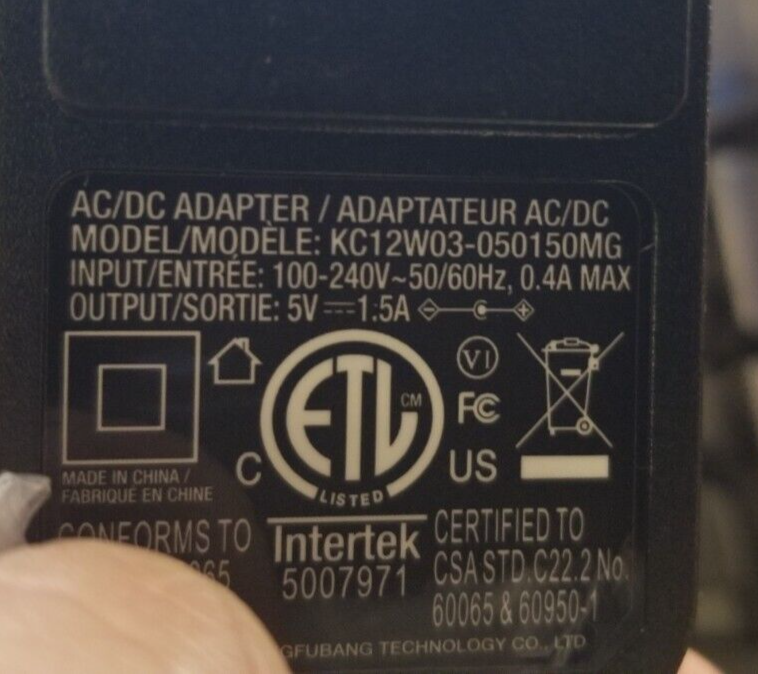 Intertek 5VDC 1.5A AC/DC Adapter Wall Power Supply 5V 5ft KC12W03 ...