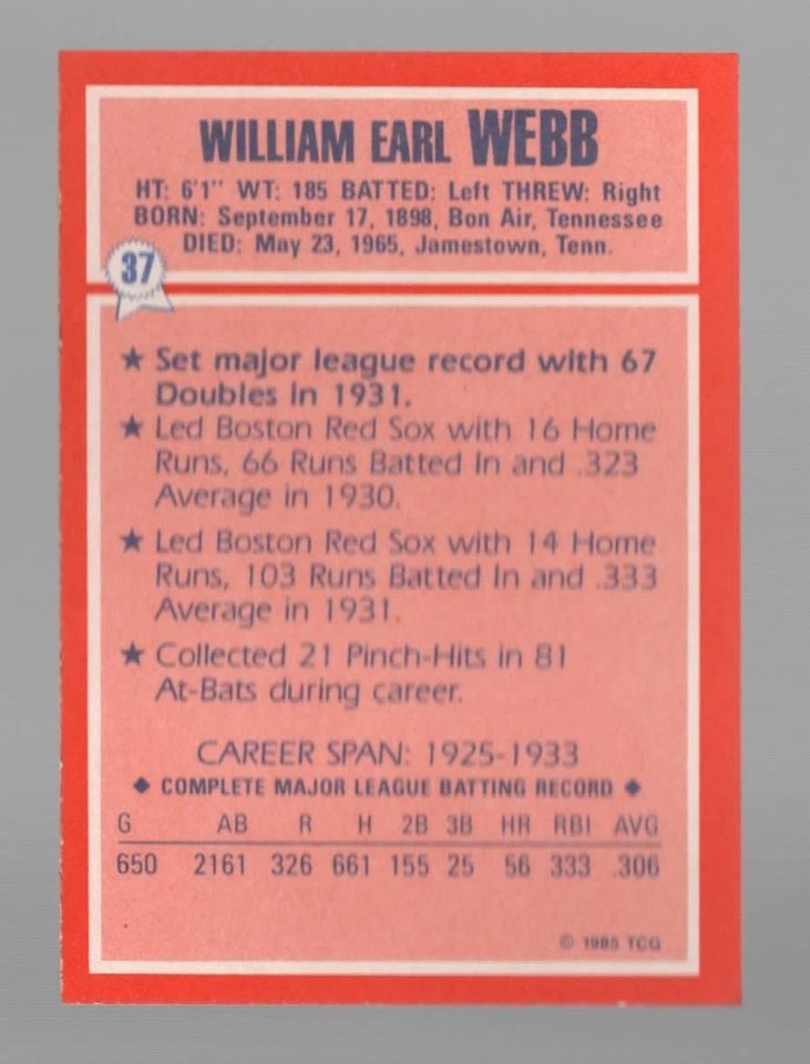1985 Topps All Time Record Holders Earl Webb Boston Red Sox #37 Near Mint | eBay