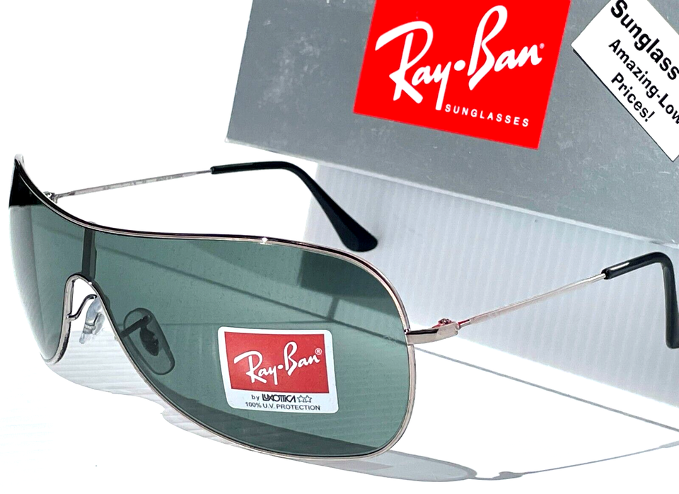 NEW Ray Ban HIGHSTREET Chrome Metal Shield Green lens Sunglass RB3211 ...