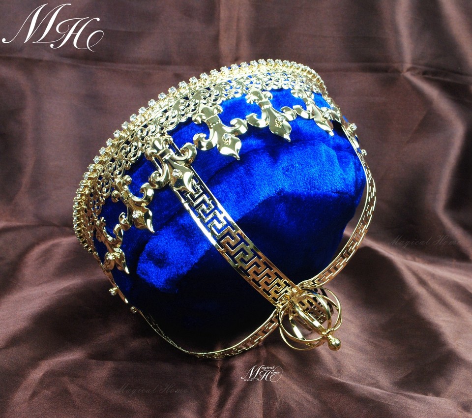Blue Velvet Crown Imperial Medieval Tiara Diadem For Men Pageant Party ...