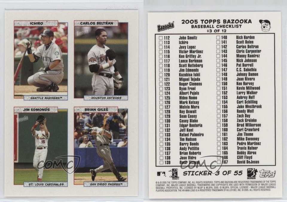 2005 Bazooka 4 on 1 Stickers Ichiro Suzuki Carlos Beltran Jim Edmonds ...