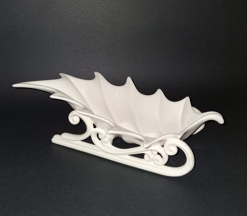 Atlantic Mold White Ceramic Holly Leaf Sleigh 11in Christmas Candy Dish ...