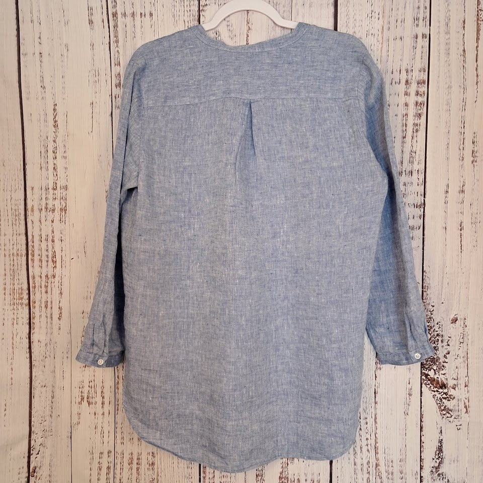 LL BEAN Womens MP 100% Linen Split V-Neck Tunic Long Sleeve Blouse Blue ...