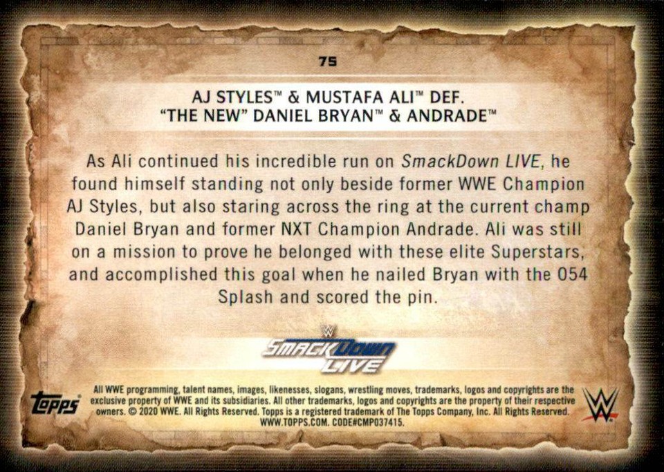 2020 Topps WWE Road to Wrestlemania #75 AJ Styles Mustafa Ali def ...