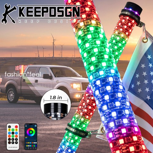 Truck 2ft RGB LED Fat Whip Lights Remote Spiral Chase Flag Thick for ...